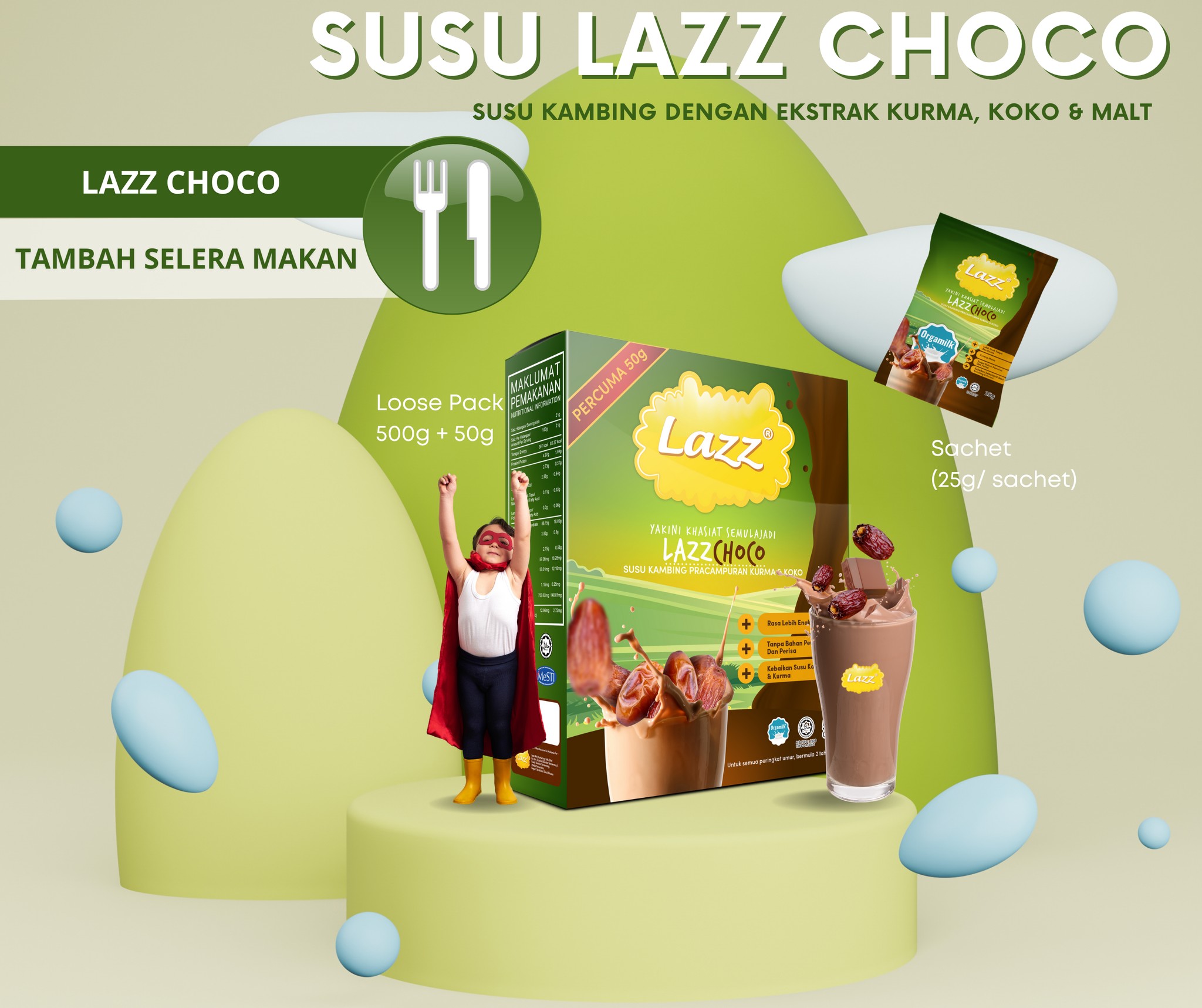 Lazz Susu Kambing Pracampuran Kurma Dan Koko 500gm (Lazz Choco) | 500gm
